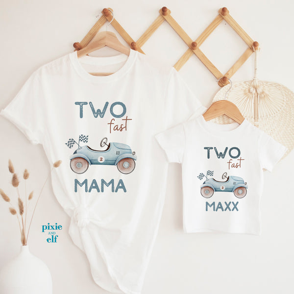 Two fast blue car matching birthday shirts – Pixie and Elf